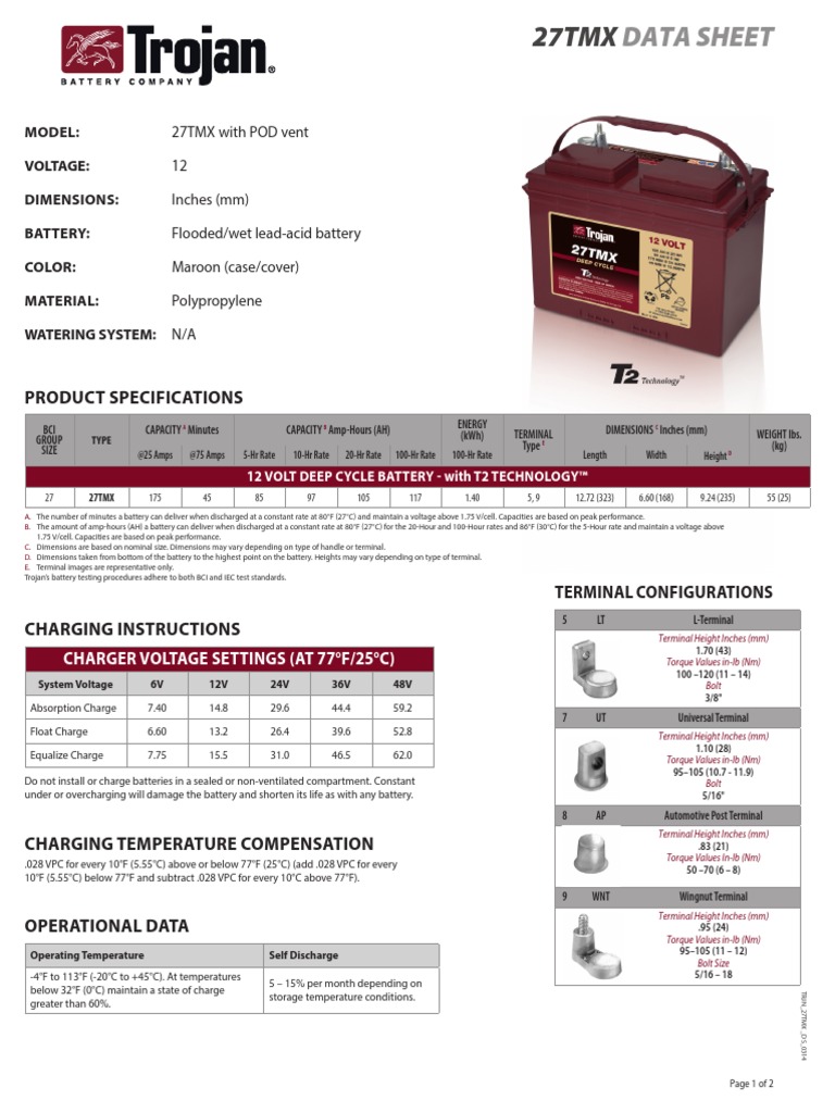 27tmx Trojan Data Sheets | PDF | Battery (Electricity) | Electricity