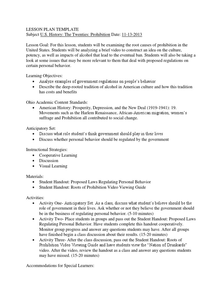 American History Lesson Plan - Prohibition | PDF | Prohibition | United ...