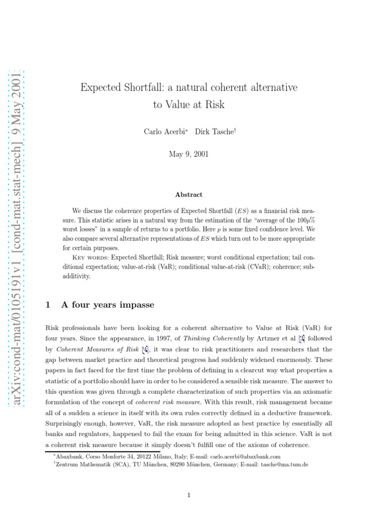 Expected Shortfall: A Natural Coherent Alternative To Value at Risk | PDF | Value At Risk | Risk