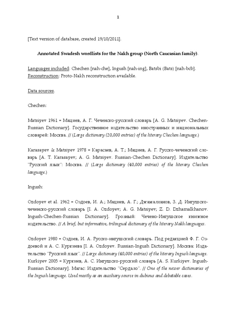 Annotated Swadesh Wordlists For The Nakh Group (North Caucasian Family ...