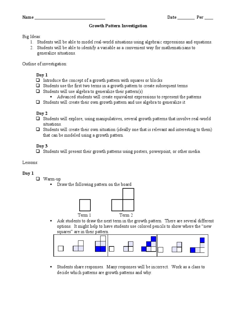 Growth Pattern Investigation | PDF | Algebra | Homework