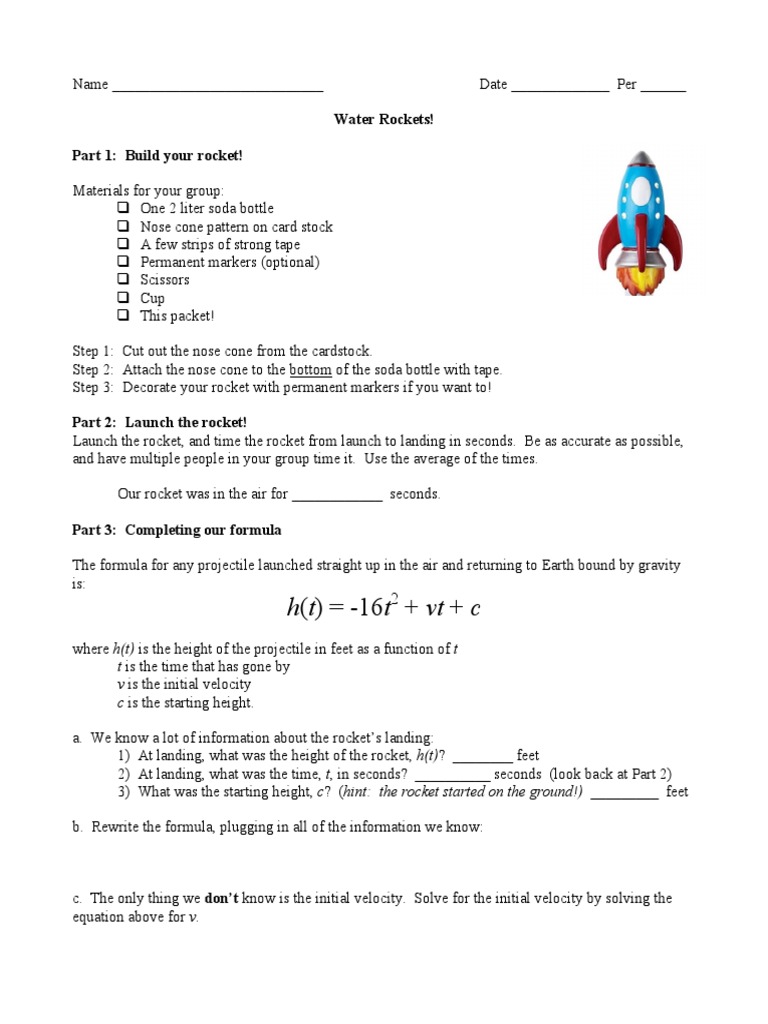 Water Rockets Student Worksheet | Rocket | Vertex (Graph Theory)