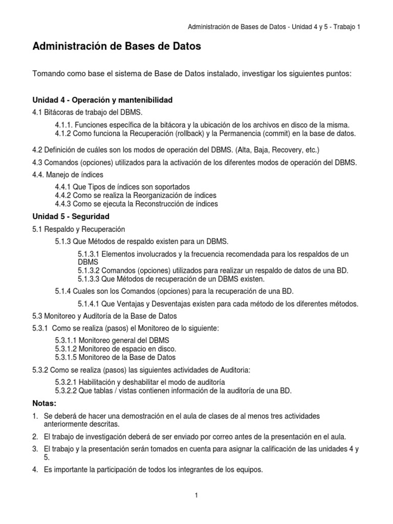Administracion de Bases de Datos - U4 y U5 - T1 | PDF | Bases de datos | Áreas de informática