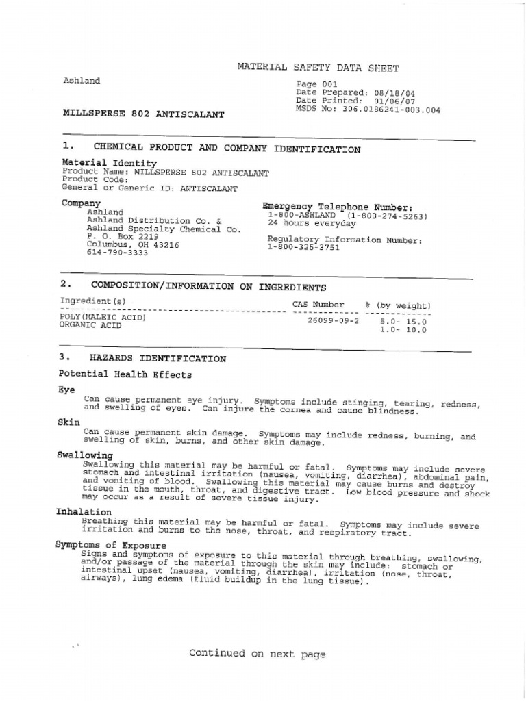 Antiscalant MSDS | PDF