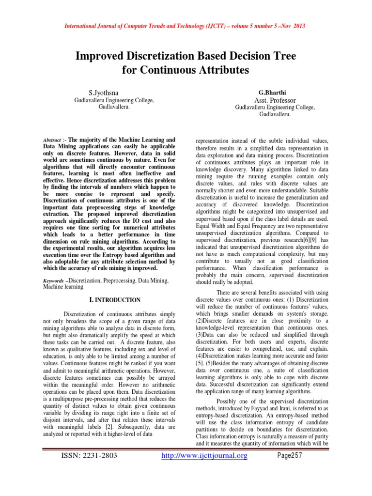 Improved Discretization Based Decision Tree For Continuous Attributes Pdf Statistical