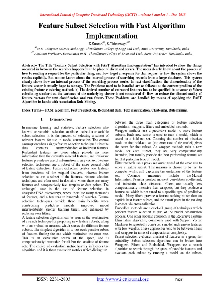 Feature Subset Selection With Fast Algorithm Implementation Pdf Algorithms Applied Mathematics