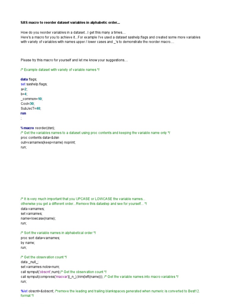 Sas Macro To Reorder Dataset Variables In Alphabetic Order Pdf Sas