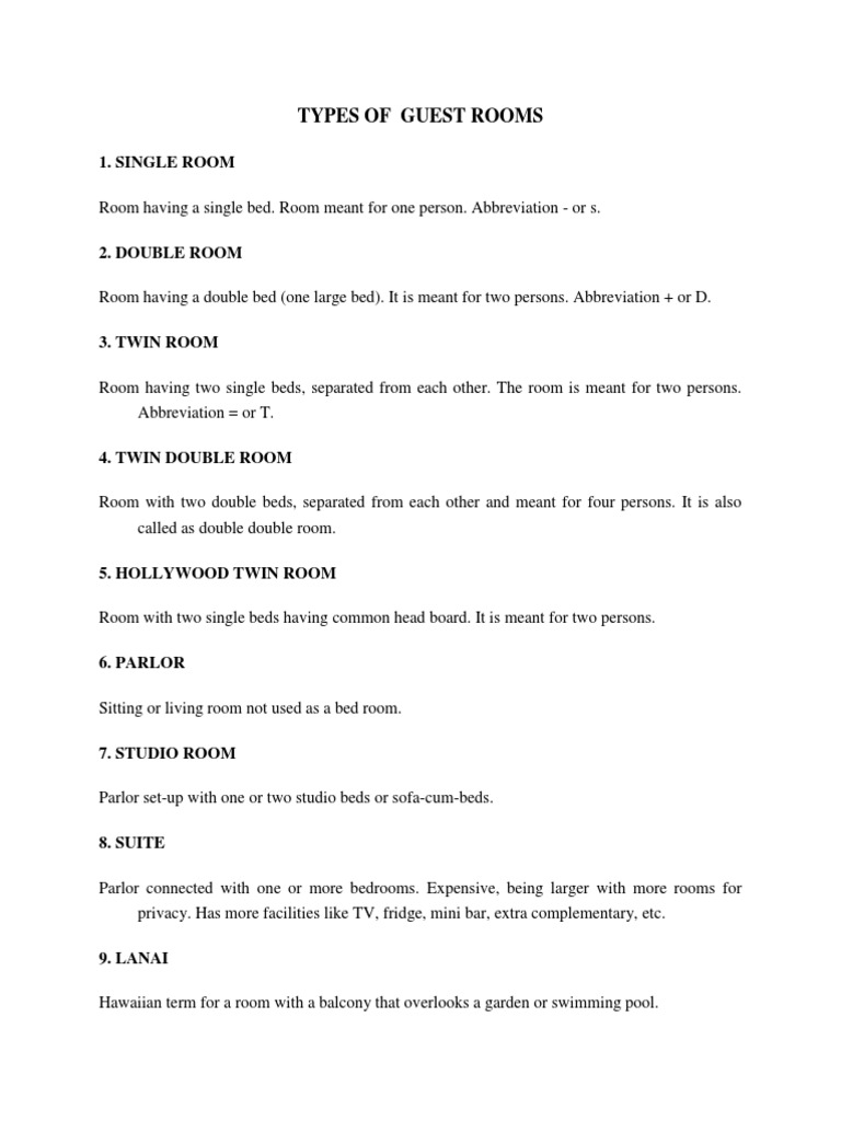 Types of Hotel Guest Rooms Explained | PDF | Home & Garden