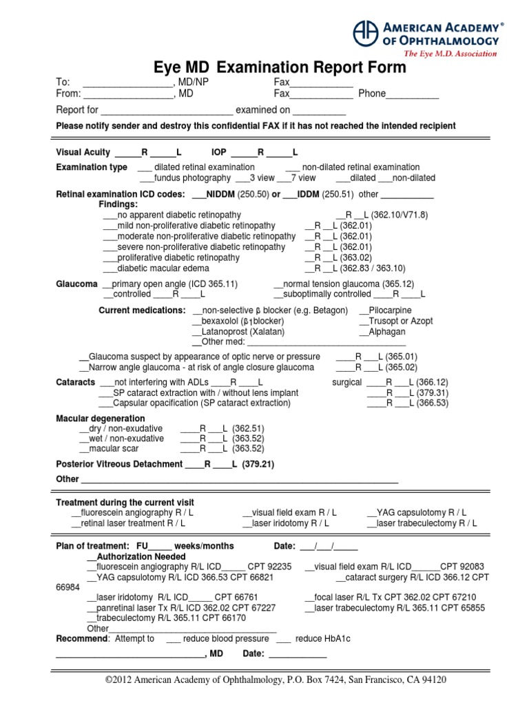 Eye MD Examination Report Form - Copyright | PDF | Glaucoma | Cataract