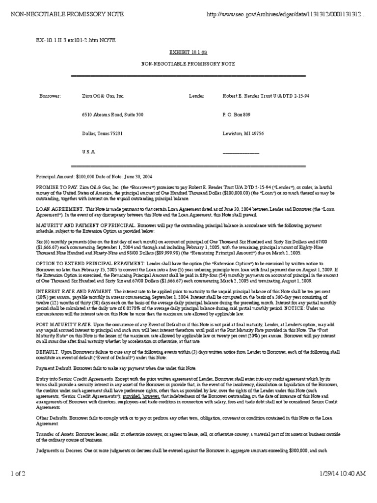 Non-negotiable Promissory Note | Loans | Debtor