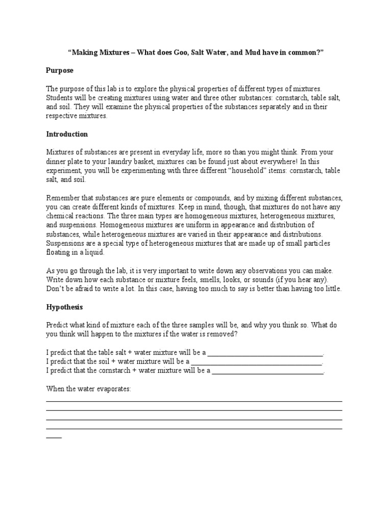 5th Grade - Mixing Substances - Lab Activity | PDF | Homogeneity And ...