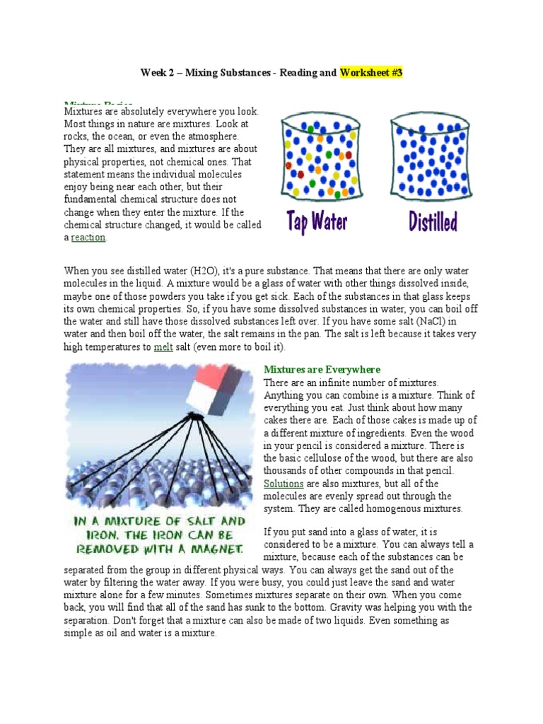 5th Grade - Mixing Substances - Reading and Worksheet 3 | PDF ...