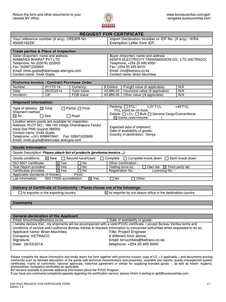 Eac Pvoc - Request For Certificate Form 1.2 | PDF | Shipping Service ...
