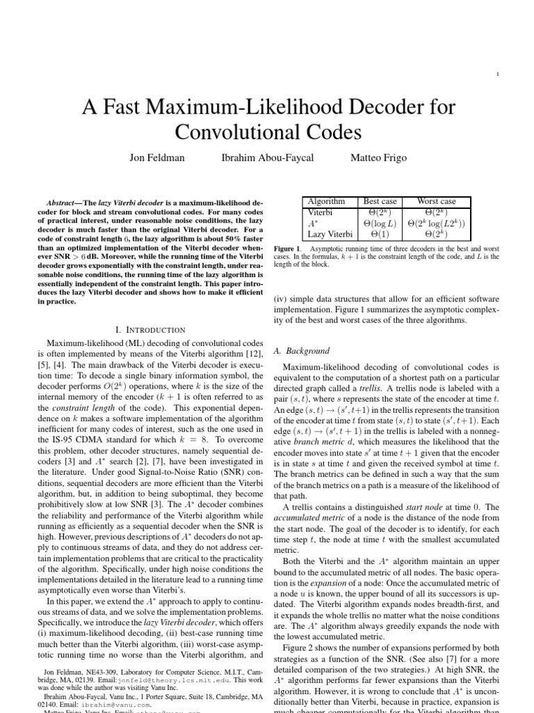 A Fast Maximum Likelihood Decoder For Convolutional Codes Pdf Computer Programming Applied