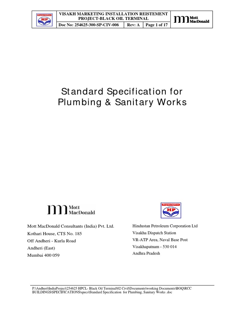 Appendix E Standard Specification For Plumbing Sanitary Works Pdf