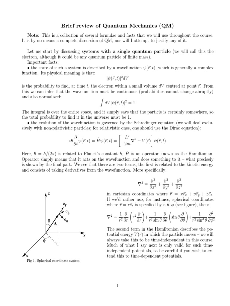 Brief Review of Quantum Mechanics (QM) : Fig 1. Spherical Coordinate ...