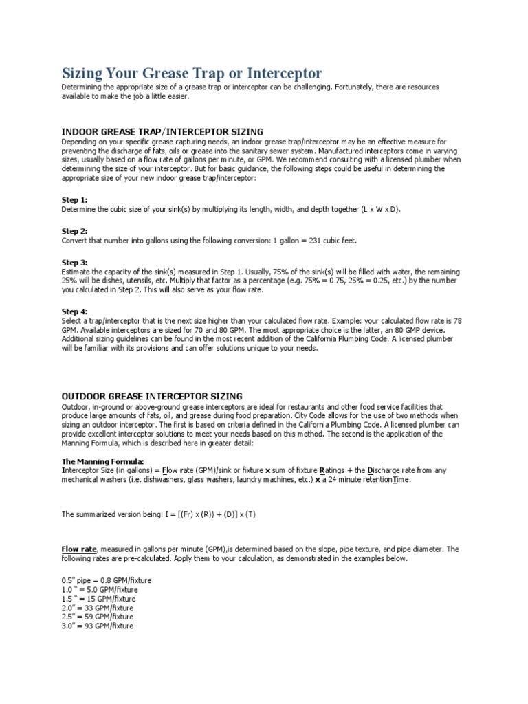 Sizing Your Grease Trap or Interceptor | PDF | Gallon | Washing Machine