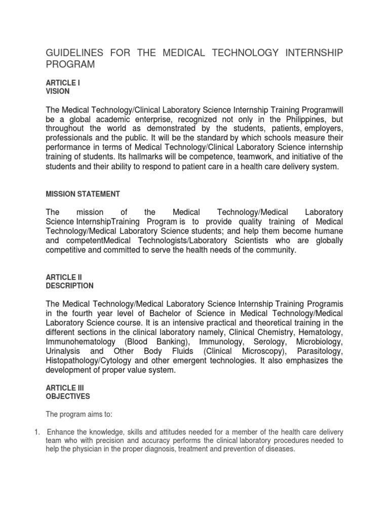 Guidelines for the Medical Technology Internship Program (1) | Medical ...