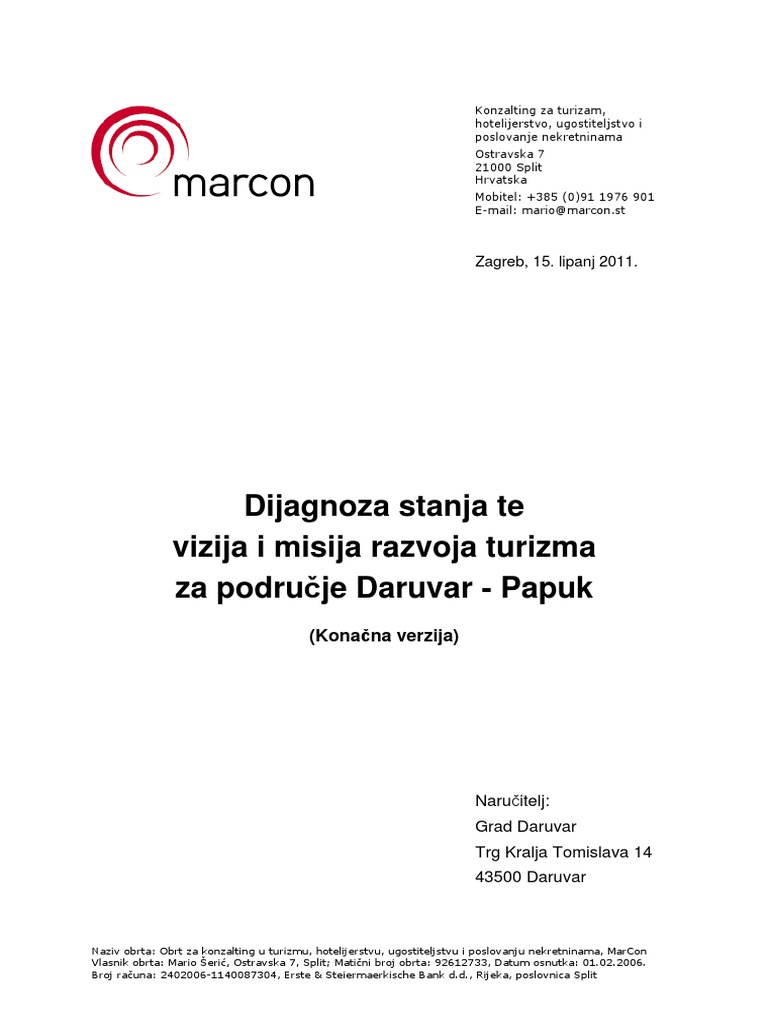 DARUVAR - Dijagnoza Stanja I Vizija Razvoja Turizma | PDF