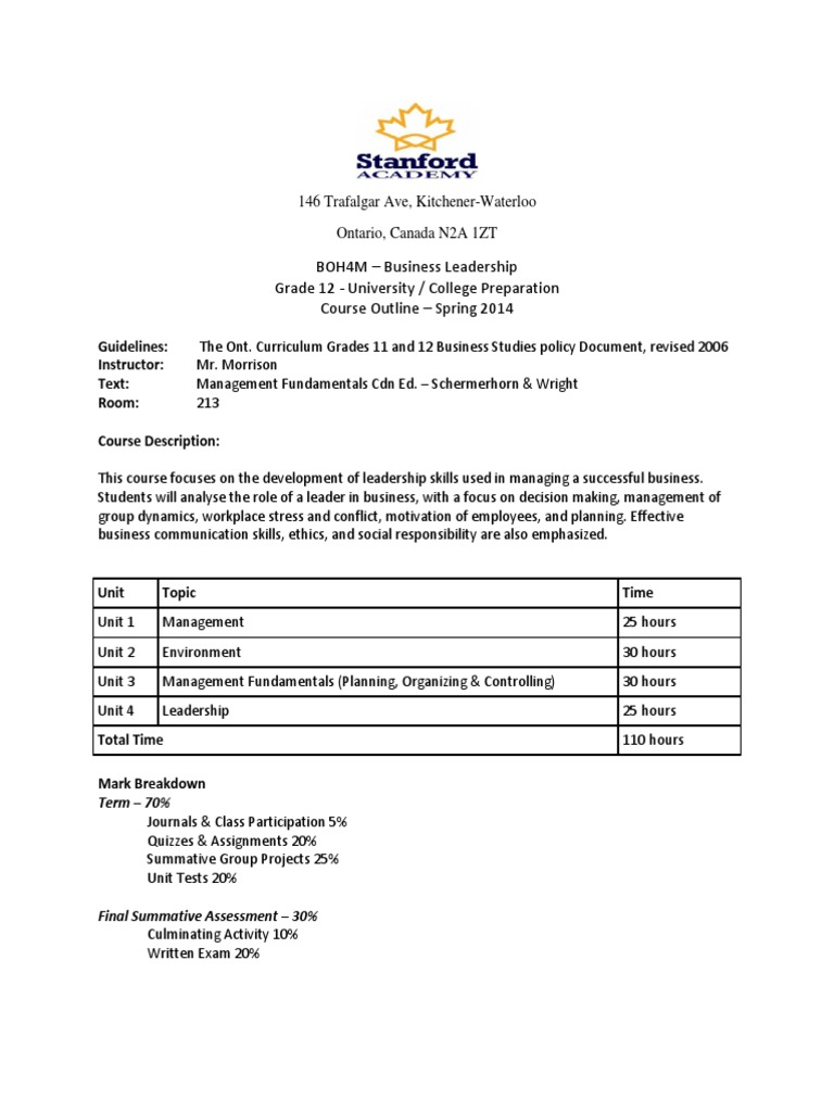 Boh4m Student Course Outline2 | PDF | Educational Assessment | Homework