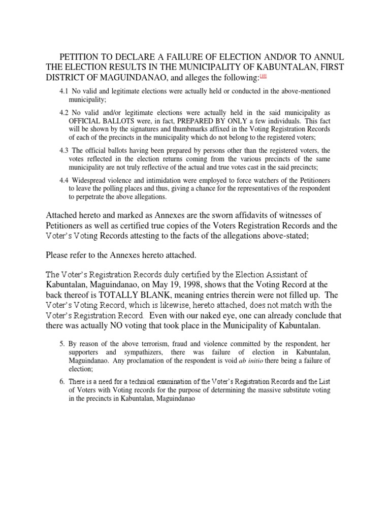 Petition To Declare A Failure of Election and | PDF | Voting | Voter ...