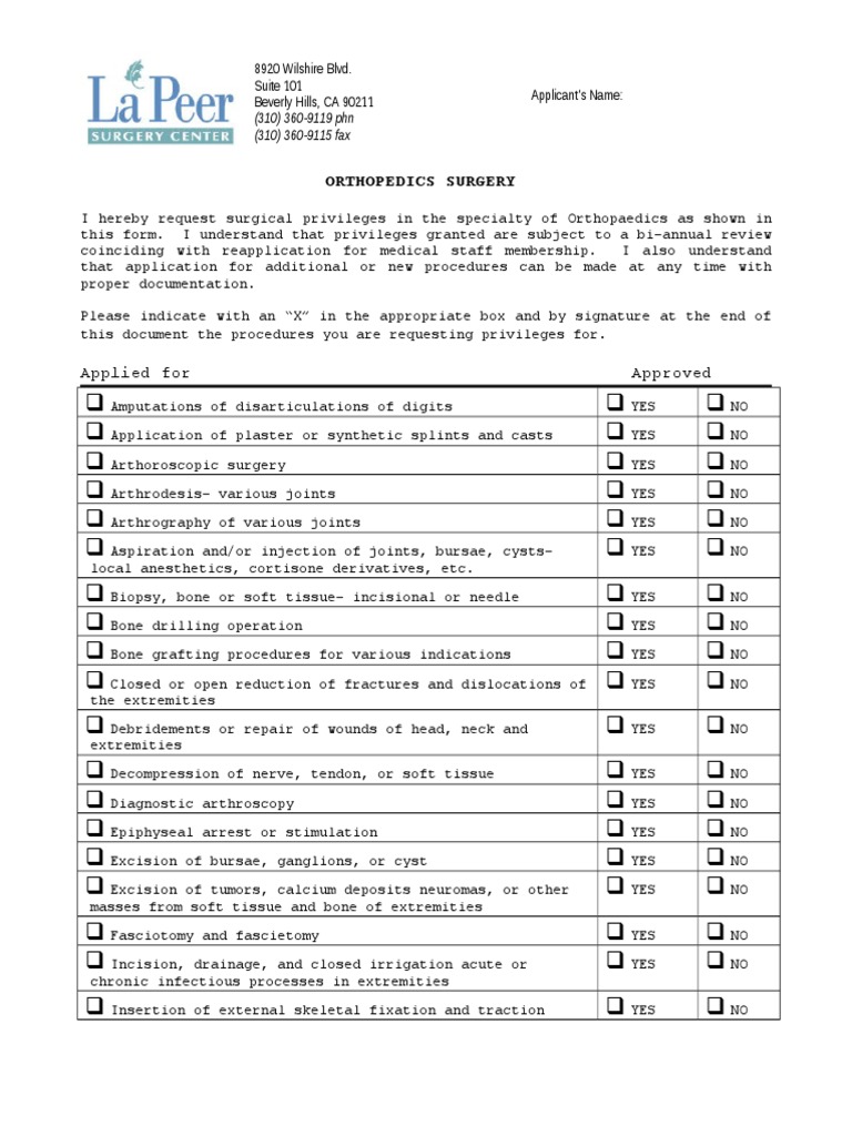 Orthopedic Surgery Privilege Form | PDF | Orthopedic Surgery | Clinical ...