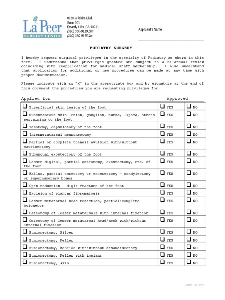 Podiatry Surgery Privilege Request | PDF | Foot | Surgical Specialties