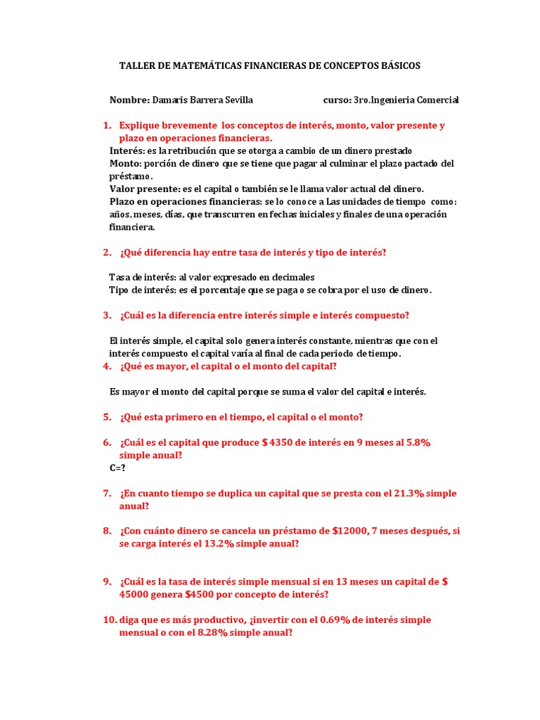 Taller de Matemáticas Financieras de Conceptos Básicos | PDF