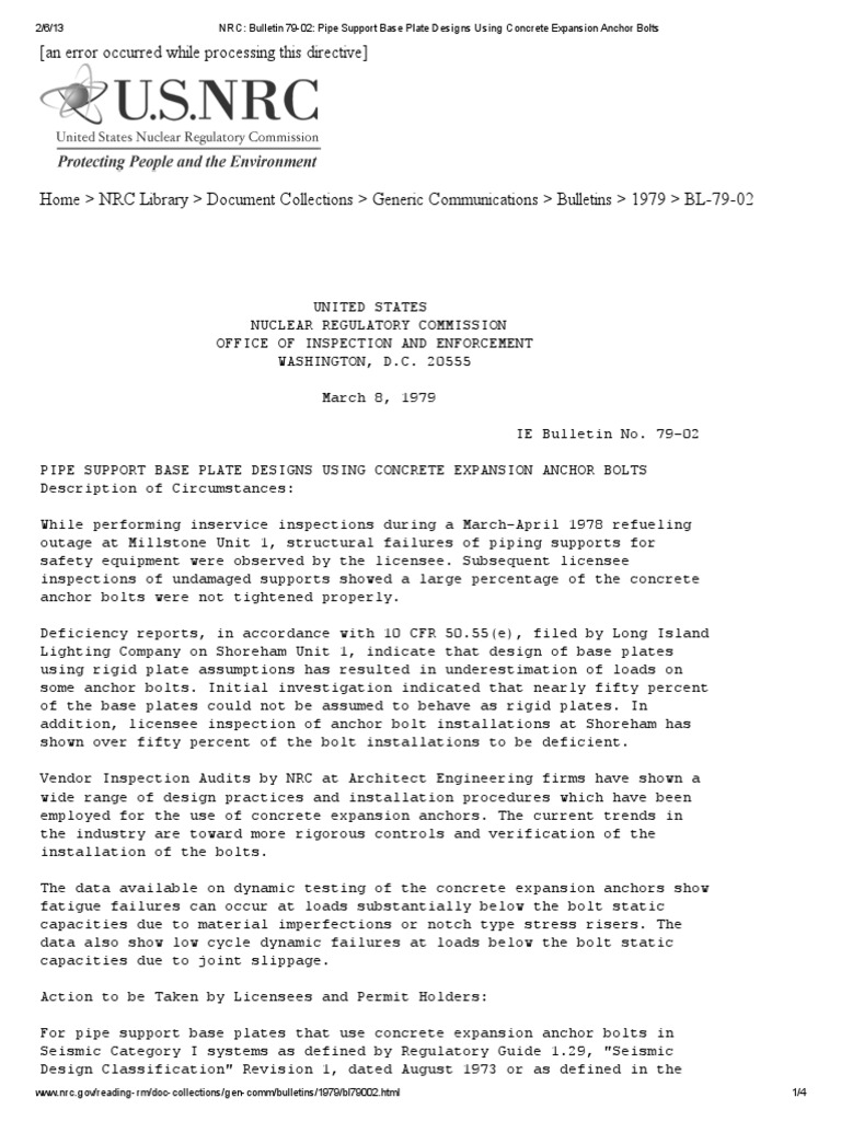 NRC - Bulletin 79-02 - Pipe Support Base Plate Designs Using Concrete ...