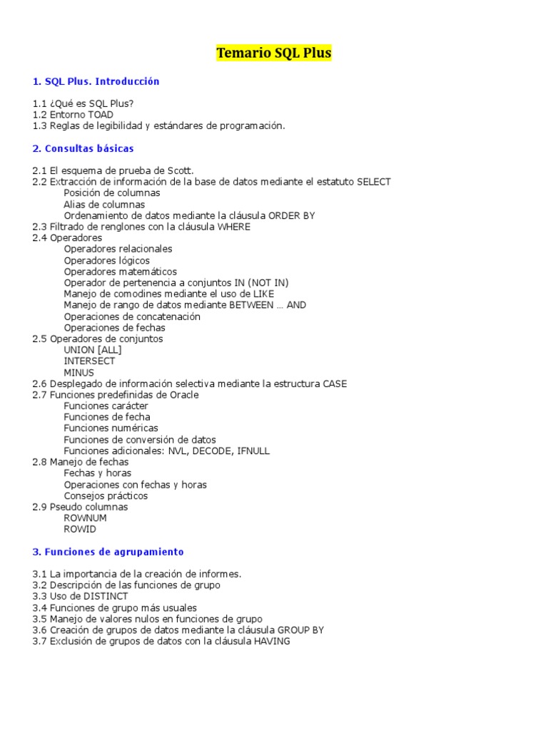 Temario SQL Plus UNAM | PDF | SQL | Tabla (base de datos)
