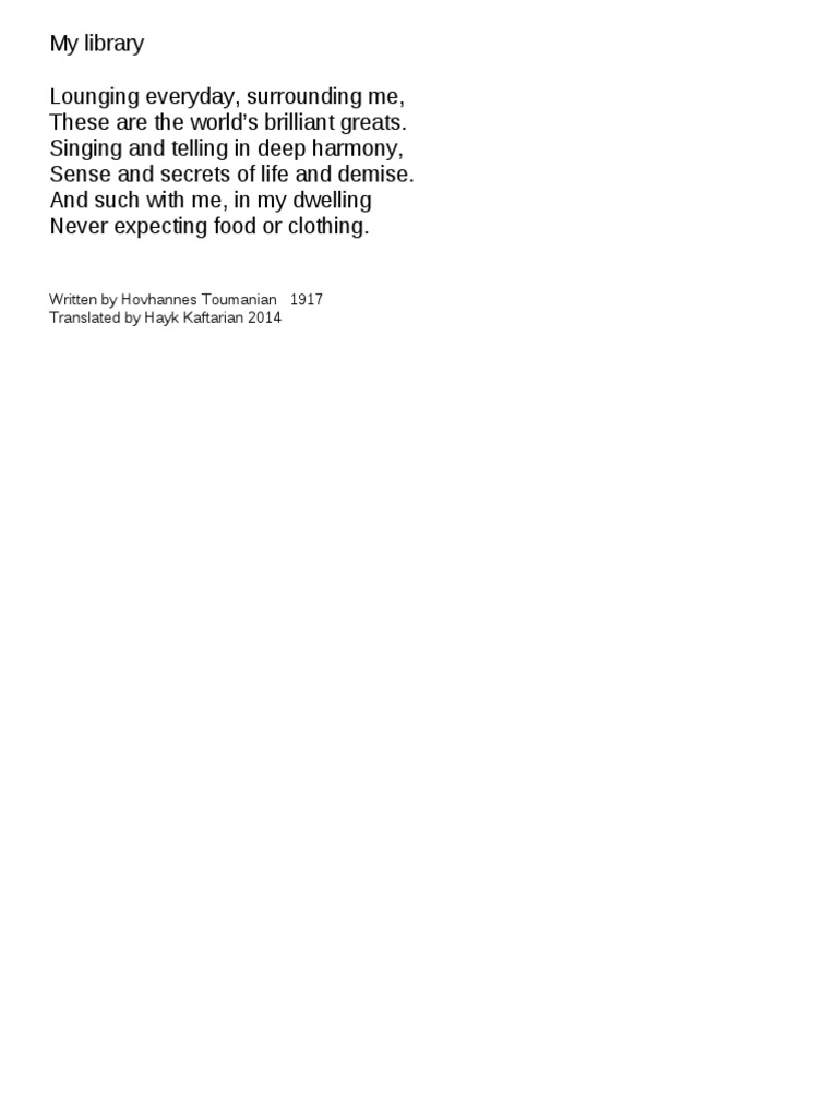 Hovhannes Toumanian's Library Poem | PDF