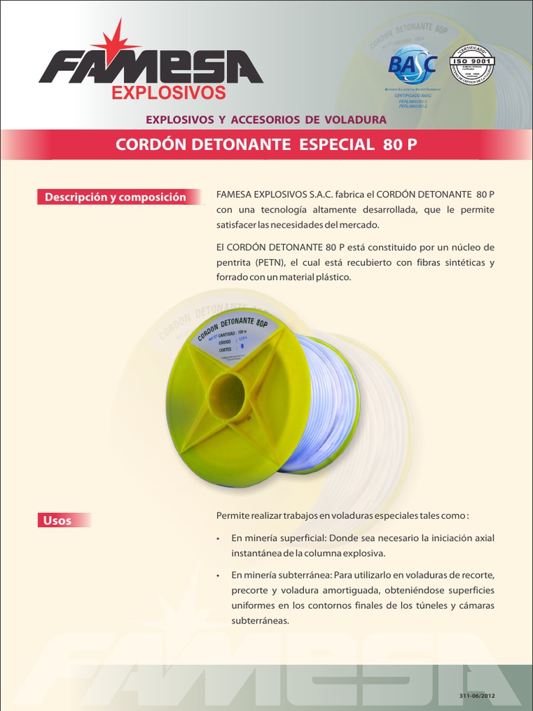 Explosivos y Accesorios de Voladura - Cordon Detonante Especial 80 P ...