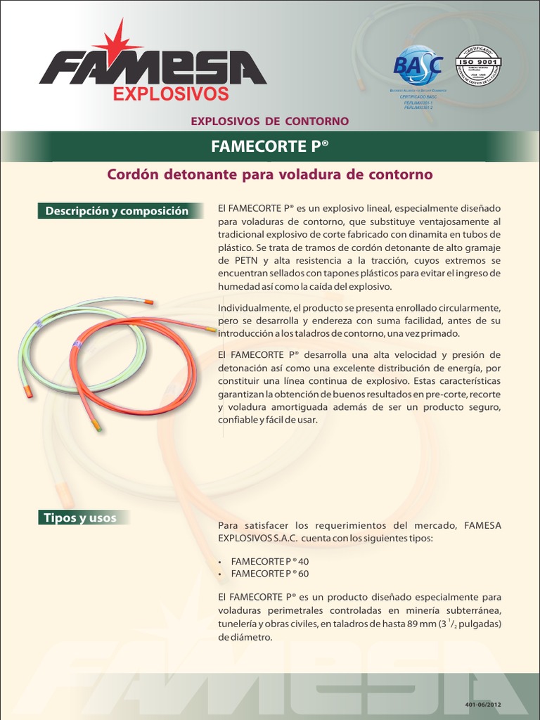 FAMECORTE - Cordón Detonante para Voladura de Contorno | PDF | Material ...