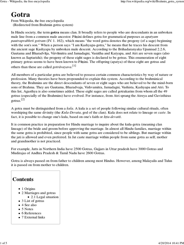 Gotra - Wikipedia, The Free Encyclopedia | PDF | Family | Indian Religions