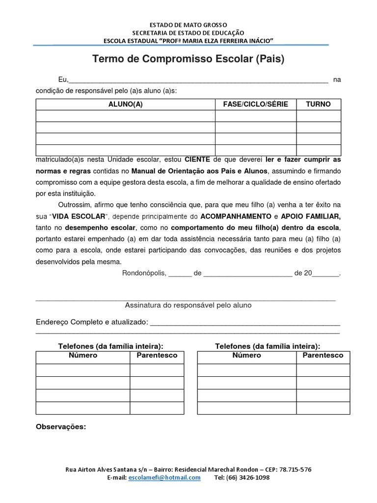 Termo de Compromisso Escolar - Pais | PDF | Escolas | Estudantes Termo de Compromisso Escolar - Pais | PDF | Escolas | Estudantes
