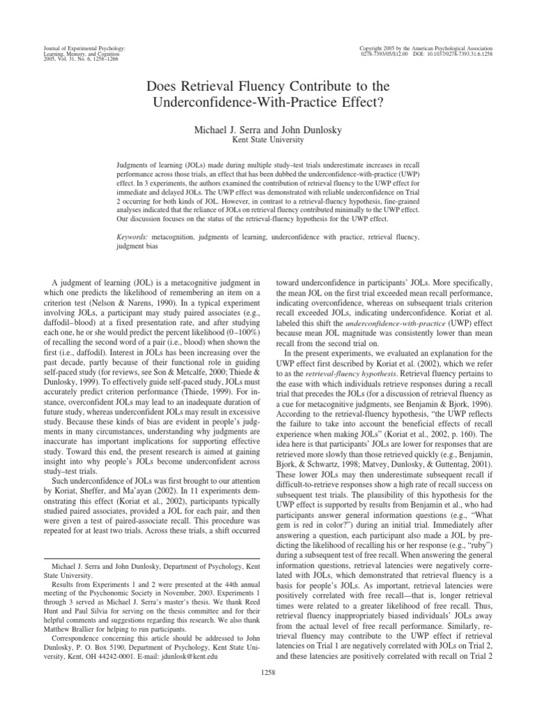 Retrieval Fluency Contribute To The UNDERCONFIDENCE | PDF | Recall ...