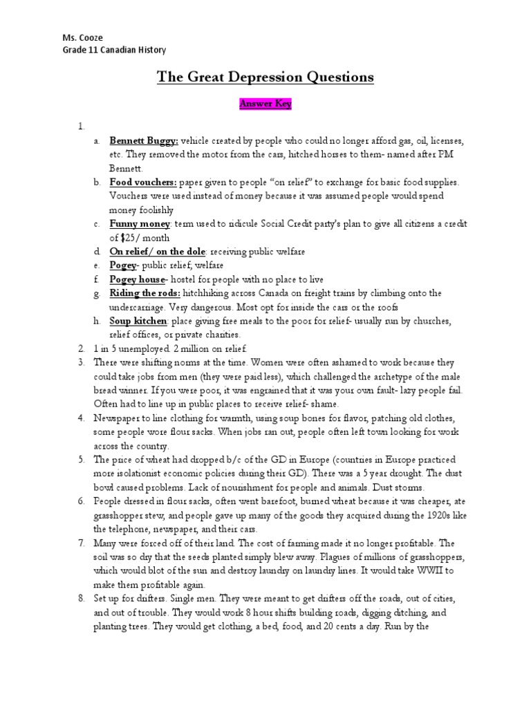 Great Depression Q&A for Grade 11 History | PDF | Economies | Foods