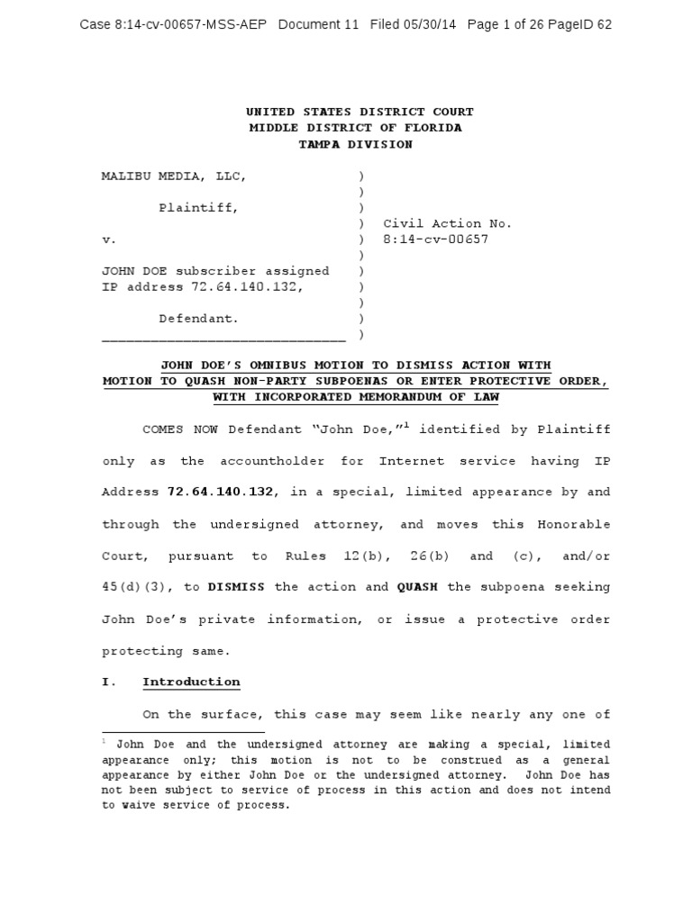 John Doe's Omnibus Motion To Dismiss and Action and Quash Subpoena in ...