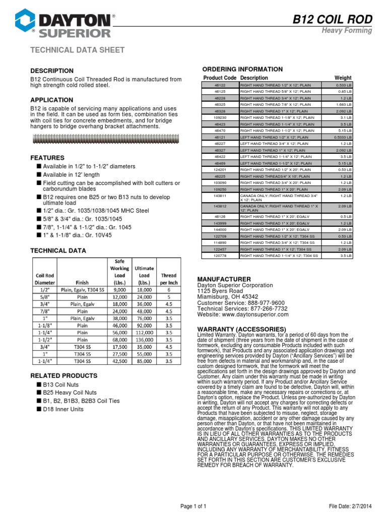 B12 Coil Rod: Technical Data Sheet | PDF | Science | Engineering