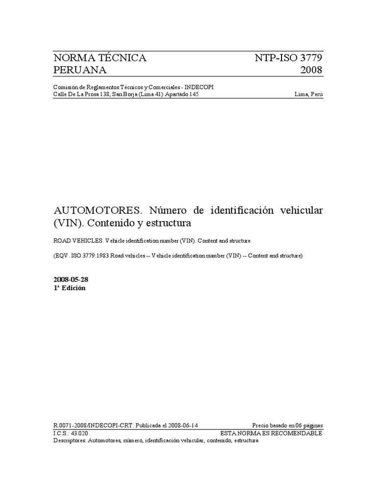 Norma Técnica NTP-ISO 3779: VIN | PDF | Automóviles | Transporte