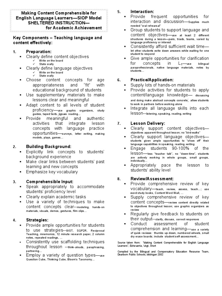 SIOP Model Making Content Comprehensible - Complete Document | PDF | Vocabulary | Reading (Process)