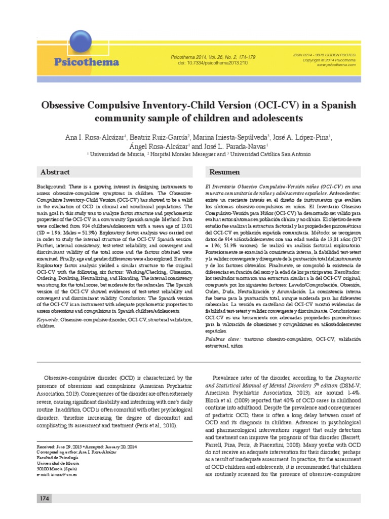 Obsessive Compulsive Inventory-Child Version (OCI-CV) in A Spanish ...