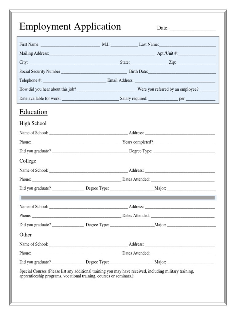 Employment Application Form Pdf