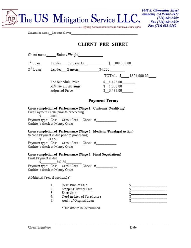 Client Fee Sheet for Loan Services | PDF | Cheque | Money Order