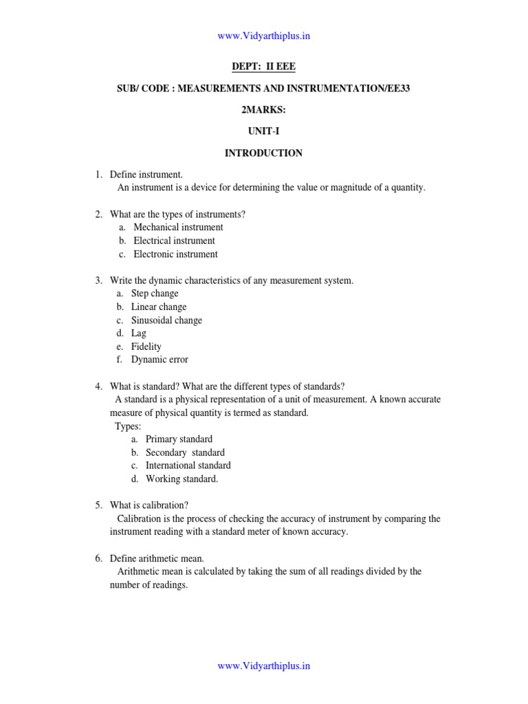 Dept: Ii Eee Sub/ Code: Measurements and Instrumentation/Ee33 2marks ...