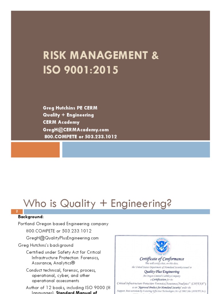Risk Management & ISO 9001:2015: Greg Hutchins PE CERM Quality ...