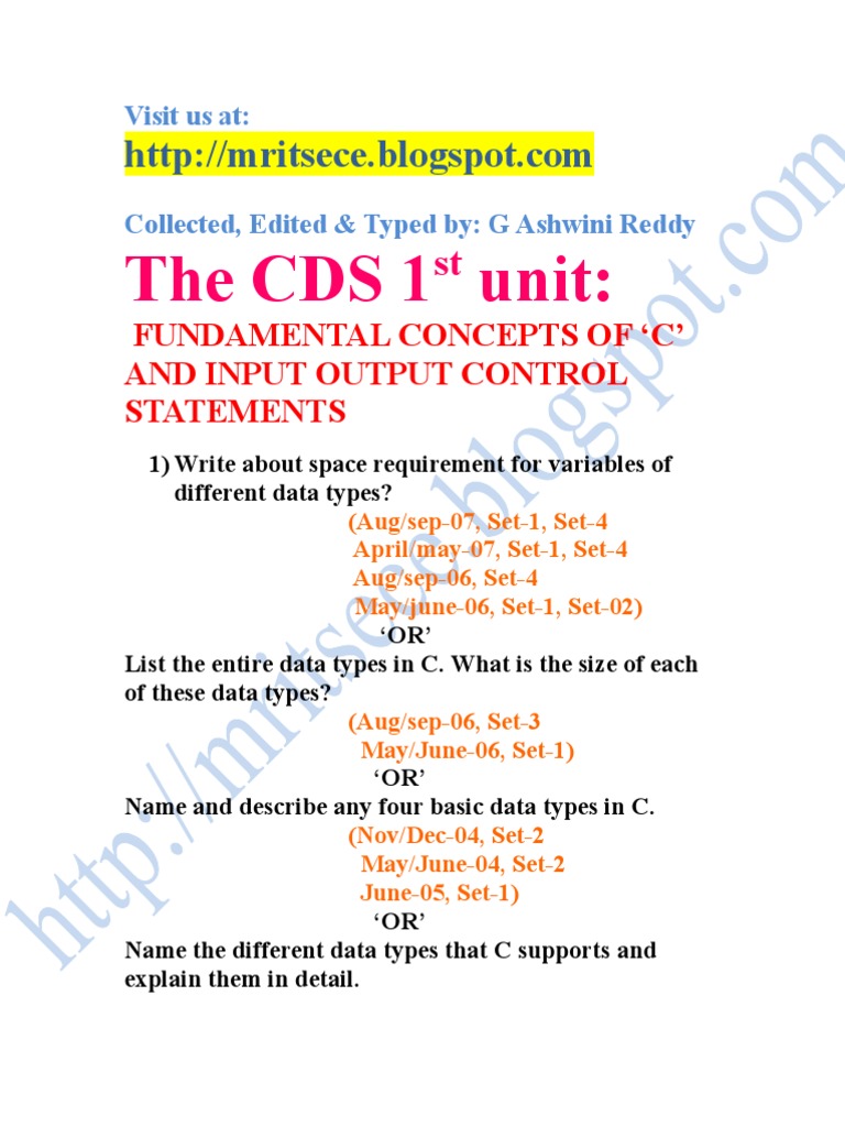 The CDS 1 Unit:: Fundamental Concepts of C' and Input Output Control ...
