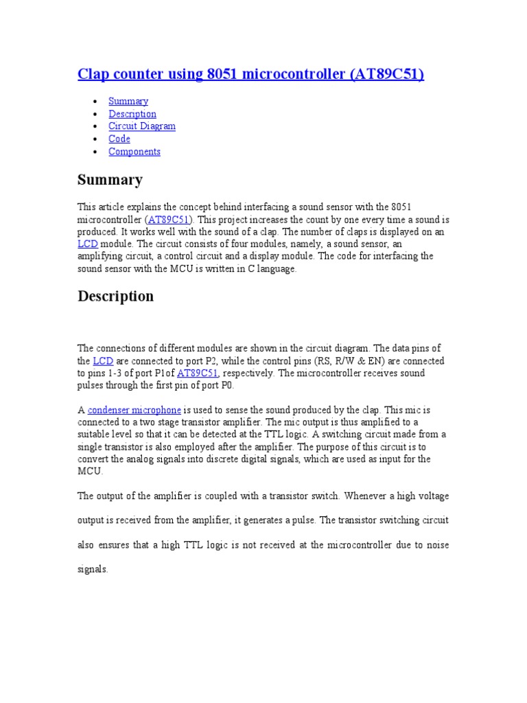 Clap Counter Using 8051 Microcontroller (AT89C51) : Description Circuit Diagram Code Components ...