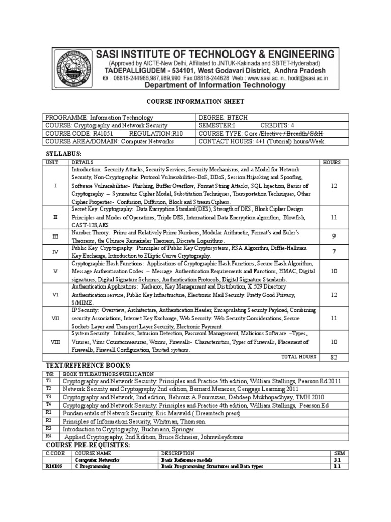 Cryptography Course Information Sheet | PDF