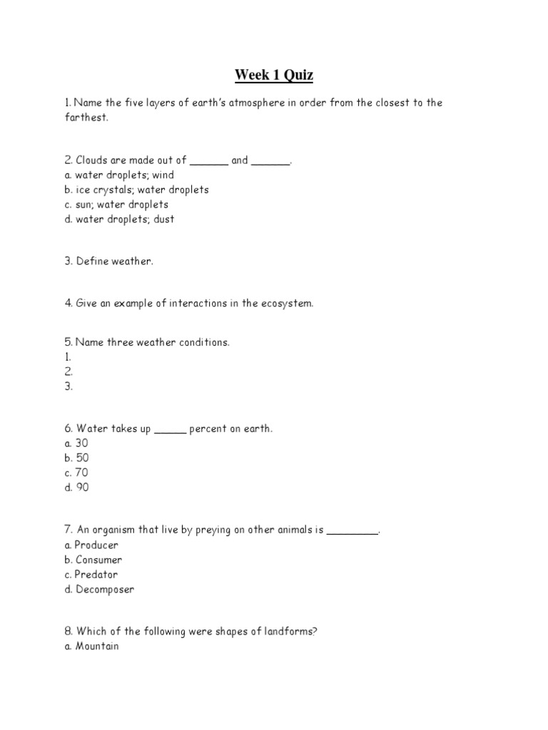 Week 1 Earth Science Quiz Questions | PDF | Science & Mathematics